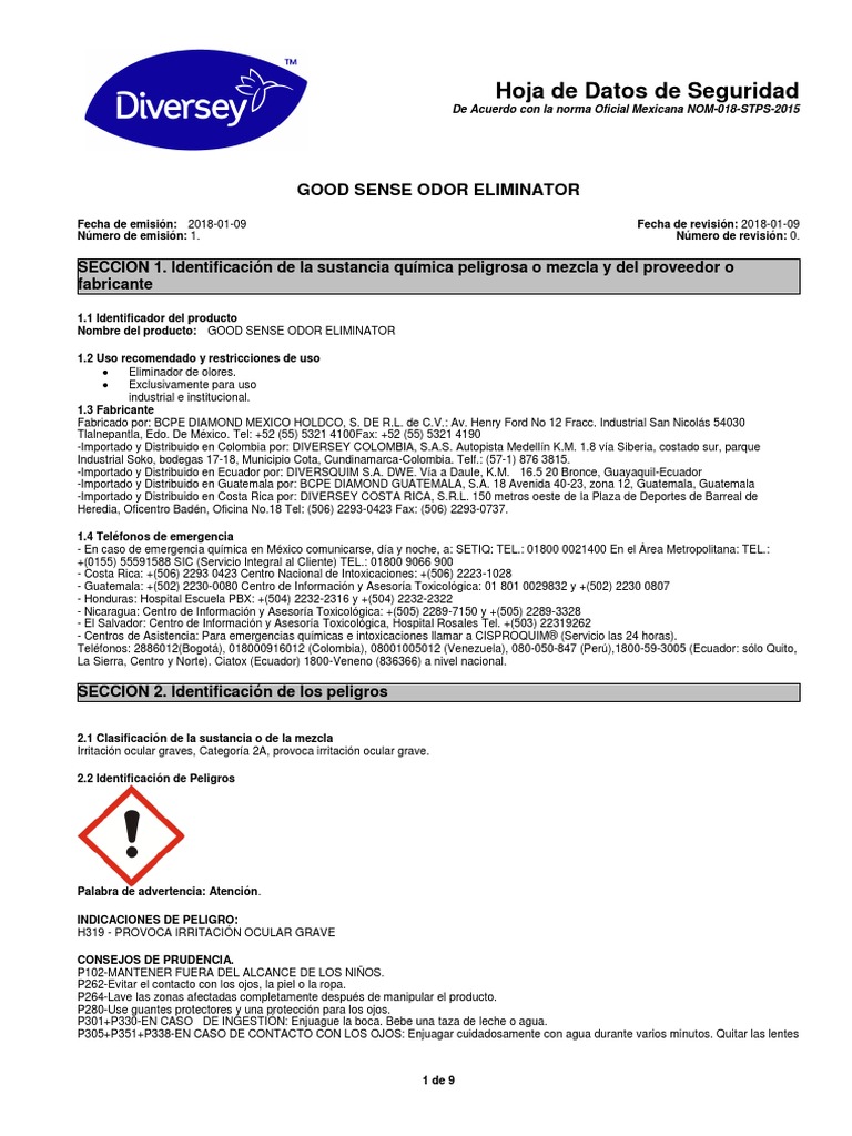 Johnson Profesional Diversey Hoja de Seguridad Good Sense Odor ...