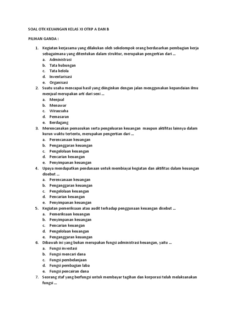 Soal Otk Keuangan Kelas Xi Otkp A Dan B | PDF