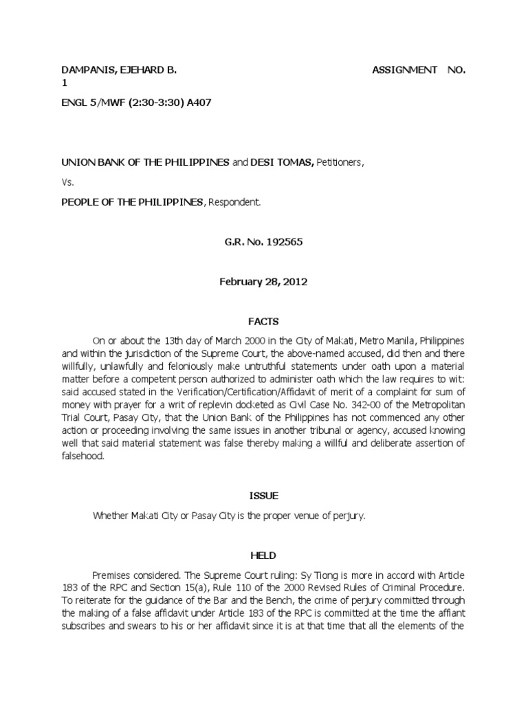 Case Digest Example | PDF | Affidavit | Perjury