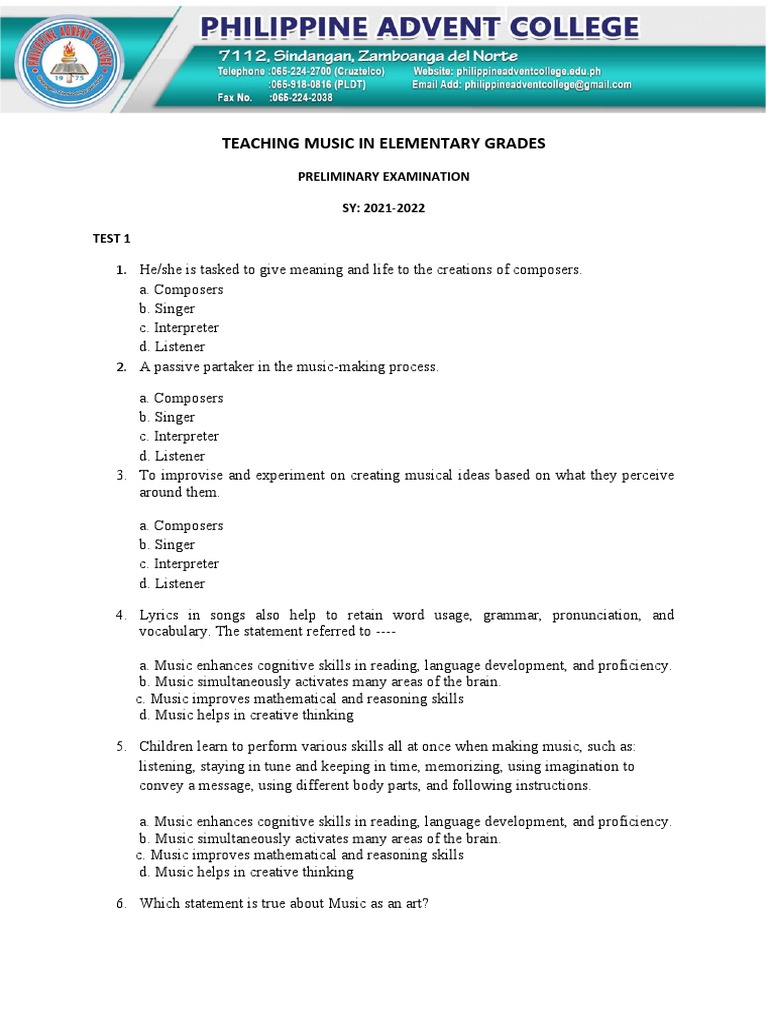 Teaching Music in Elementary Grades: Preliminary Examination SY: 2021 ...