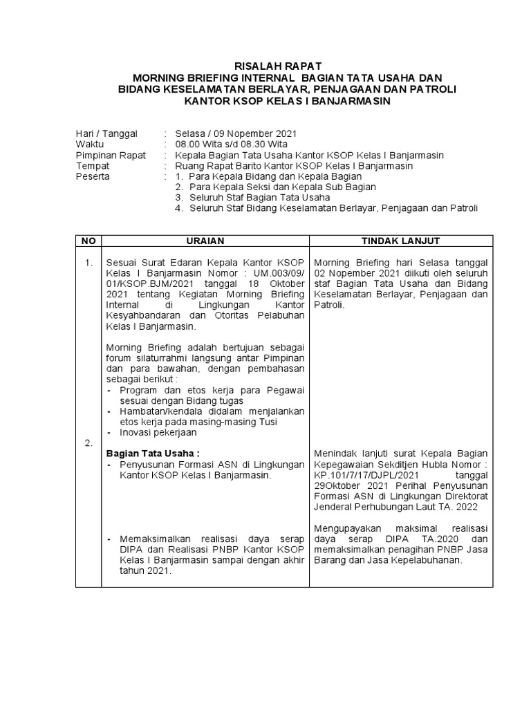 Risalah Rapat Morning Briefing KSOP Banjarmasin | PDF