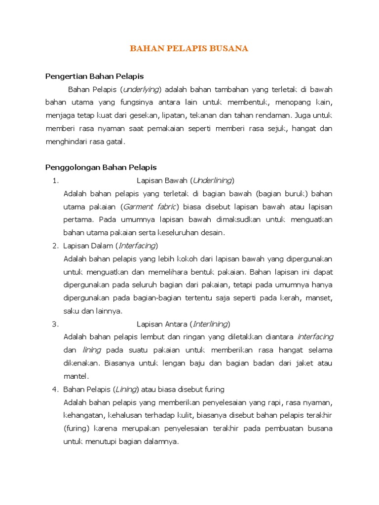Jenis dan Fungsi Bahan Pelapis Busana | PDF