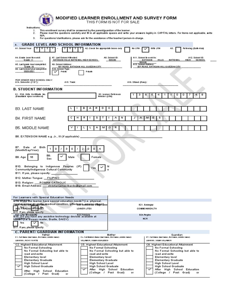 Modified Learner Enrollment and Survey Form: Grade Level and School ...