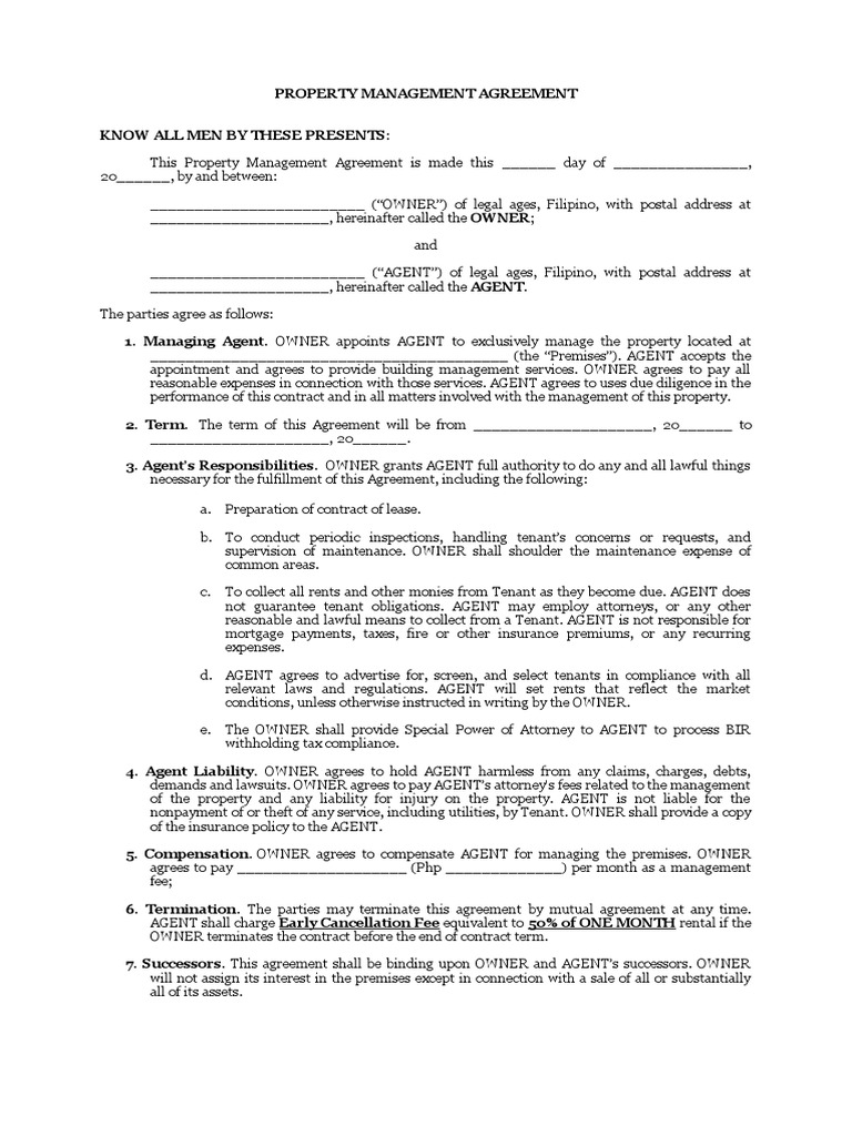 Property Management Agreement Sample | PDF | Legal Liability | Property ...