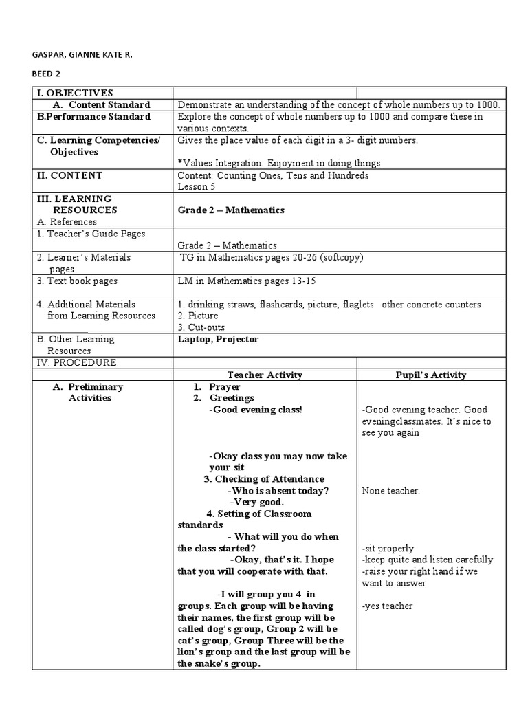 Whole Numbers Lesson Plan for Grade 2 | PDF | Teachers | Lesson Plan