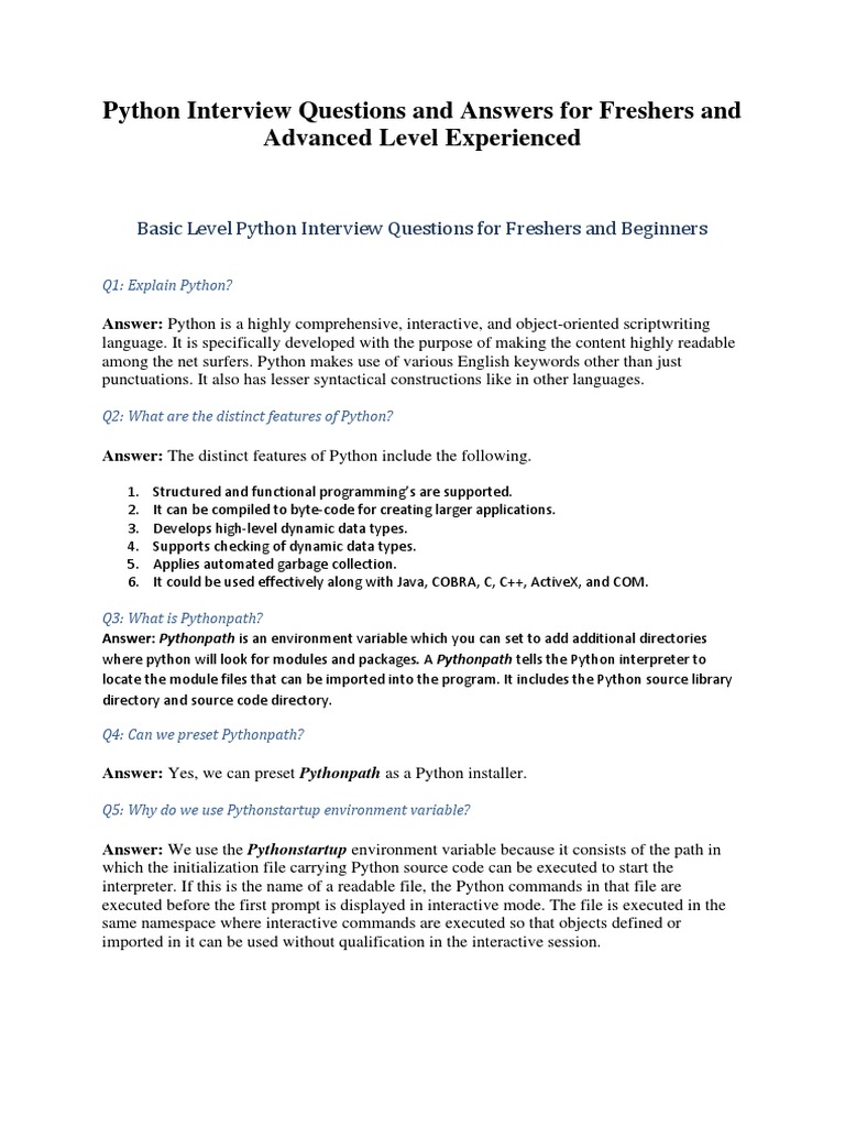 Python Interview Questions and Answers For Freshers and Advanced Level Experienced | PDF ...