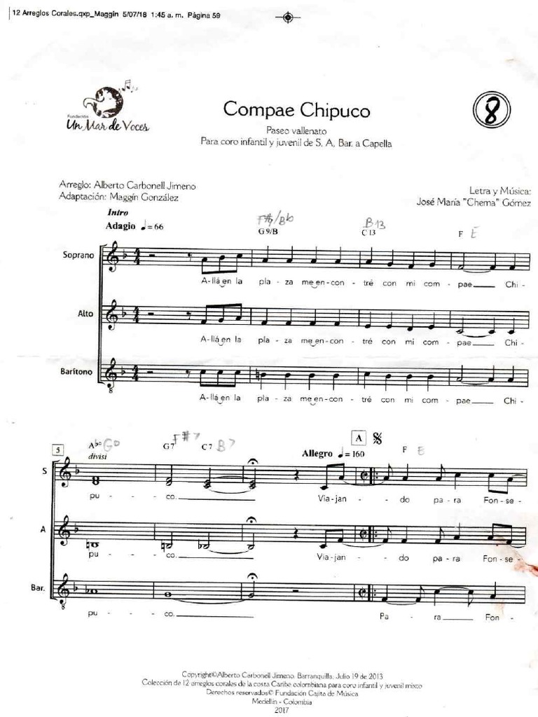 Partitura para SATB de Compae Chipuco | PDF