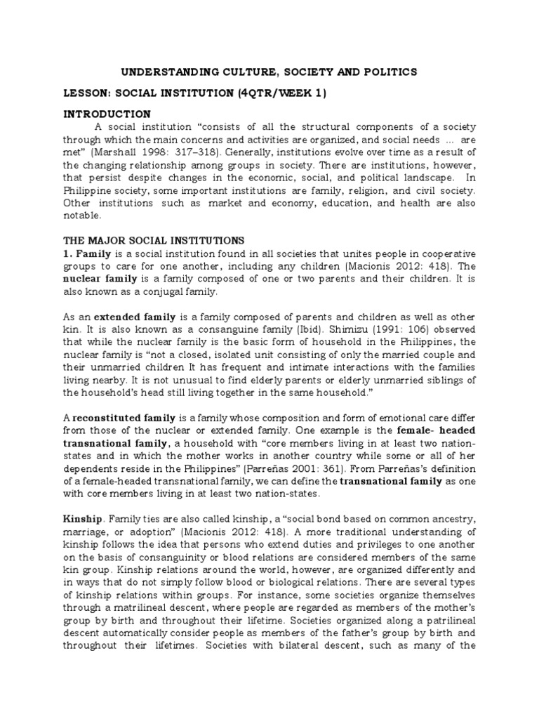 Lesson - Social Institution | PDF | Kinship | Family
