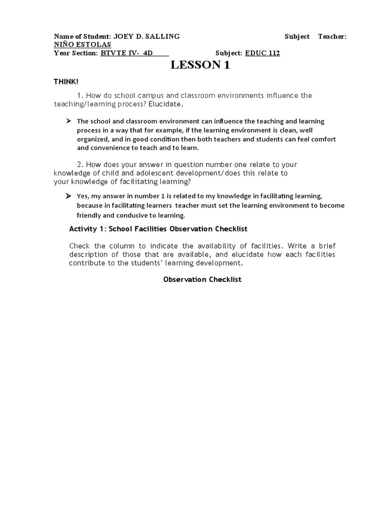 Educ 112 Answer Sheet Final | PDF | Teachers | Learning