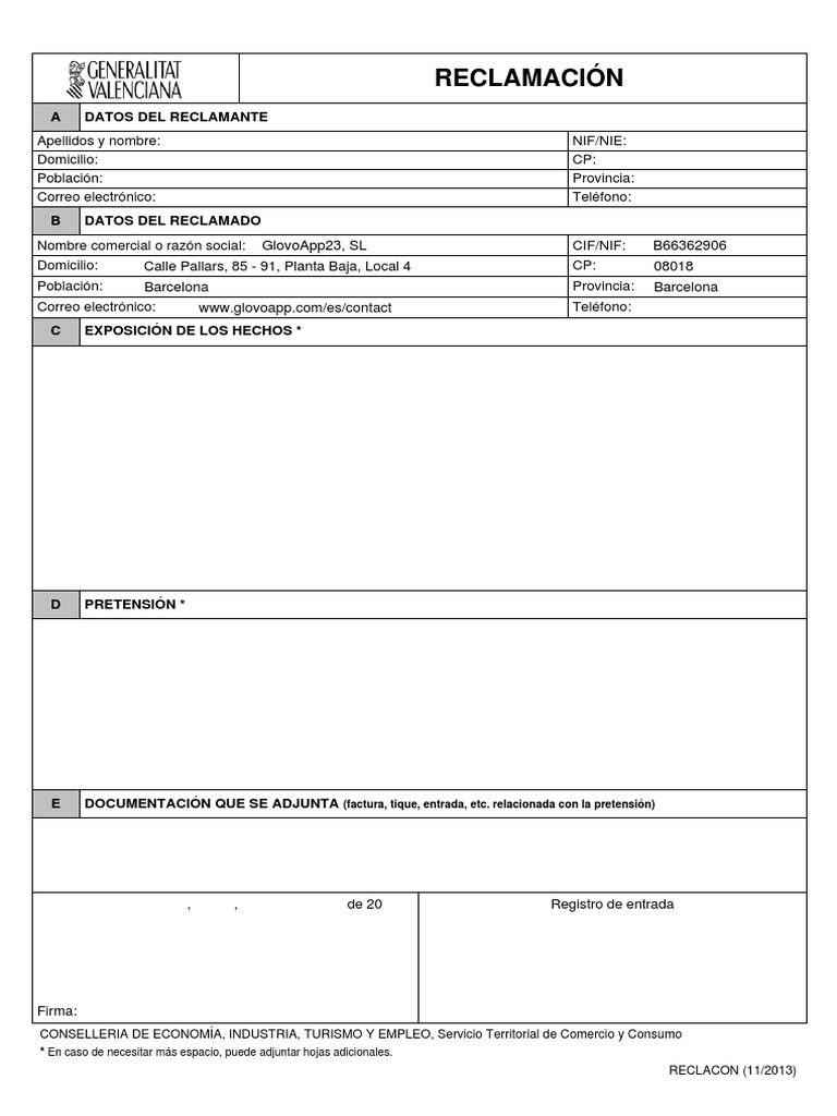Hoja de Reclamaciones Comunidad Valenciana | PDF