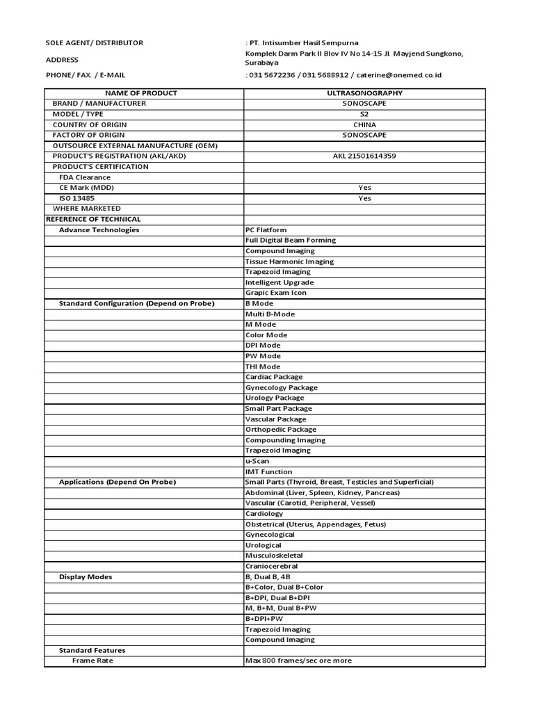 Product Specification Sheet for the SonoScape S2 Ultrasonography ...