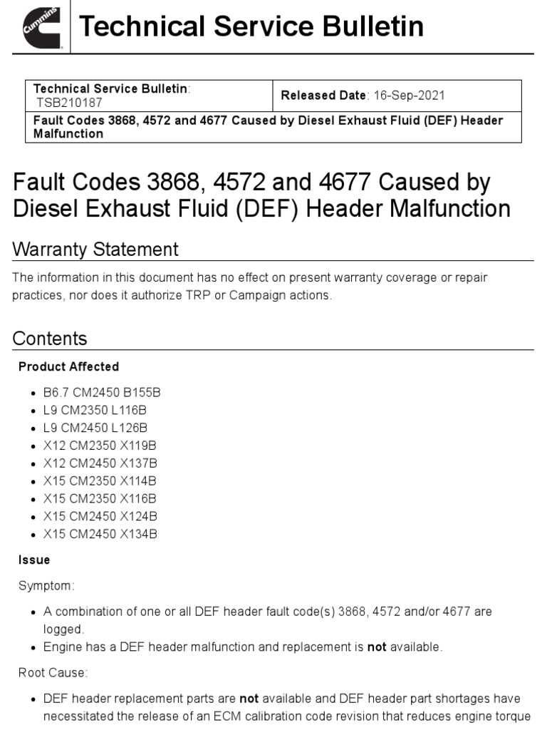 Diesel Exhaust Fluid (DEF) Header Malfunction | PDF | Calibration | Cummins