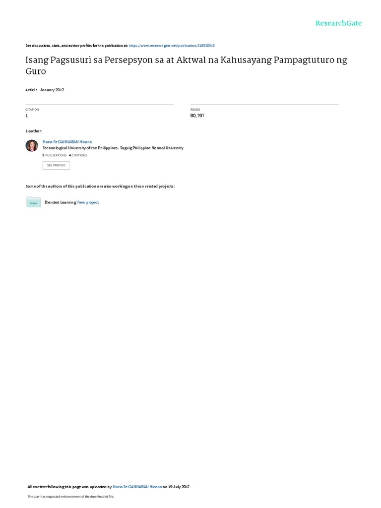 Isang Pagsusuri Sa Persepsyon Sa at Aktwal Na Kahusayang Pampagtuturo NG Guro | PDF
