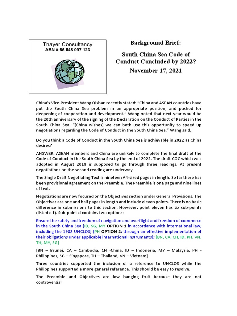 Thayer South China Sea Code Of Conduct By The End Of 2021 Download