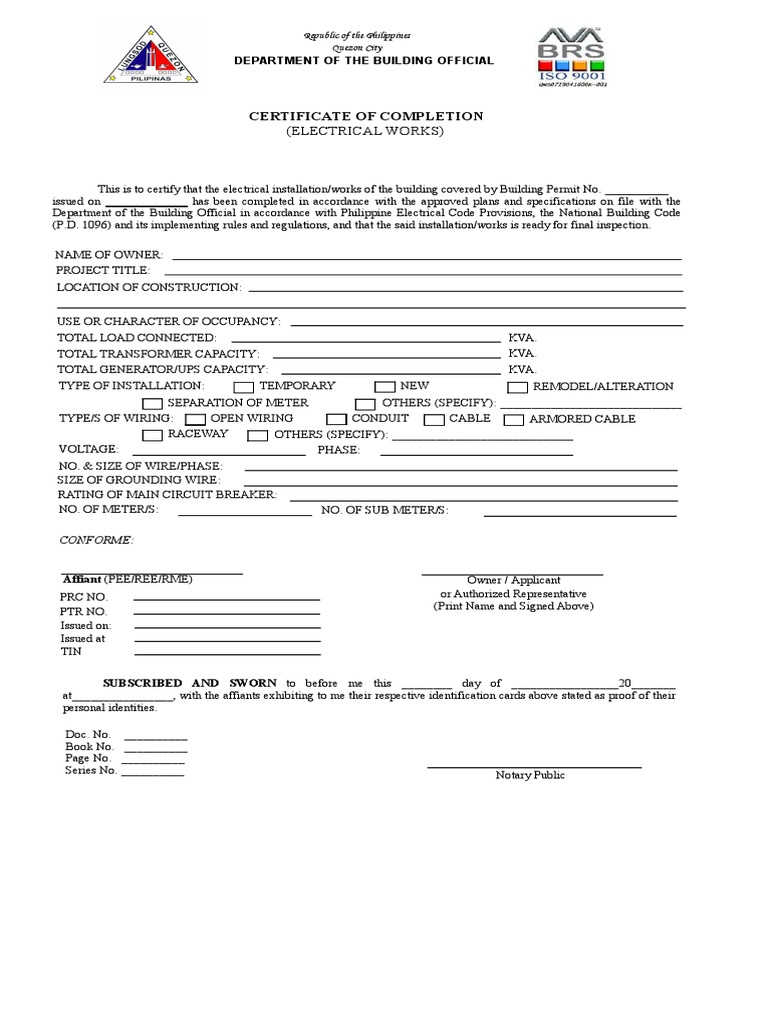 Certificate of Completion (Electrical Works) : Republic of The ...