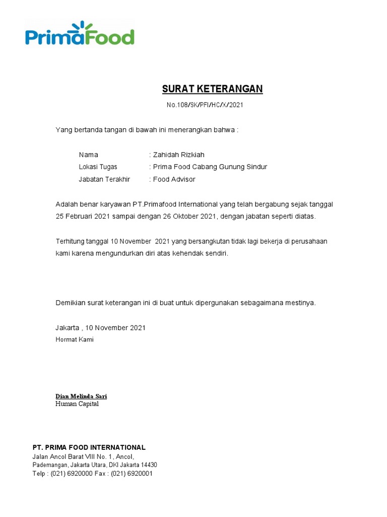 Prima-Food Paklaring Zahidah | PDF