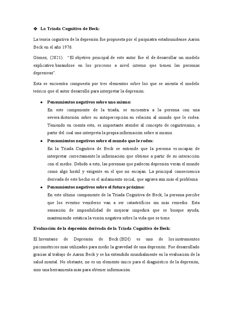 Triada Cognitiva de Beck en Depresión | PDF | Depresión (estado de ...
