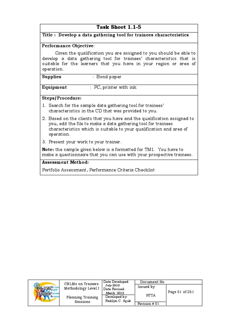 Task Sheet 1.1-5: Title: Develop A Data Gathering Tool For Trainees Characteristics Performance ...