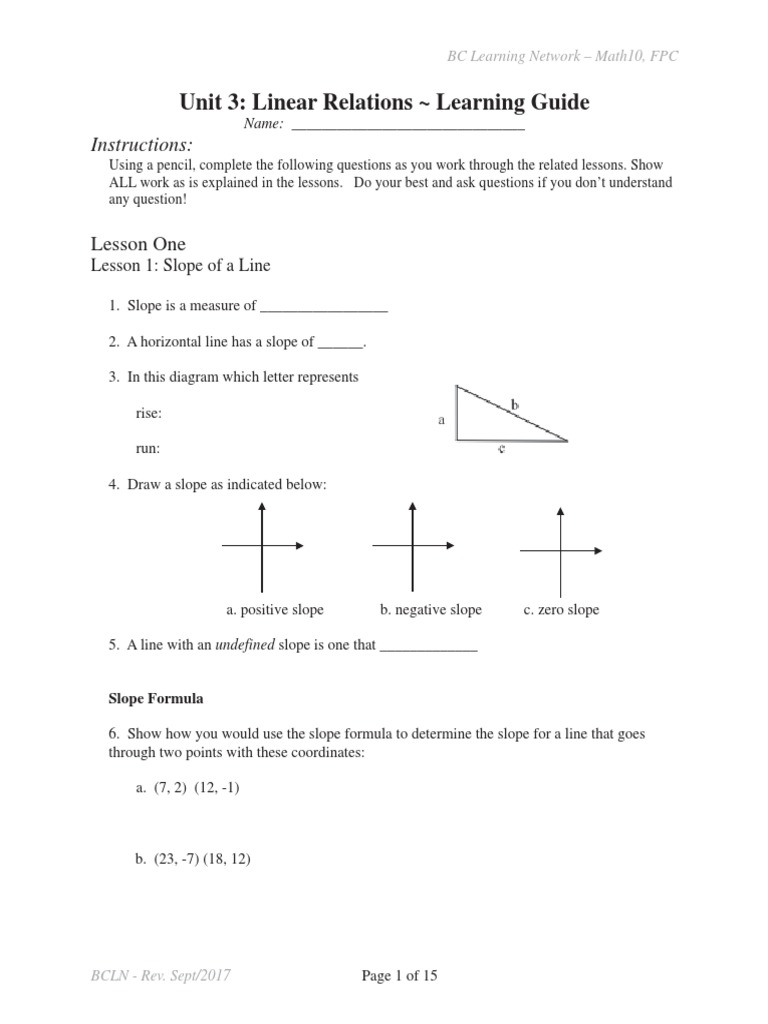Unit 3: Linear Relations Learning Guide: Instructions | PDF | Slope ...