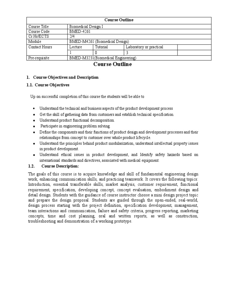 Course Outline-CBME - Biomedical - Design | PDF | Prototype | Design