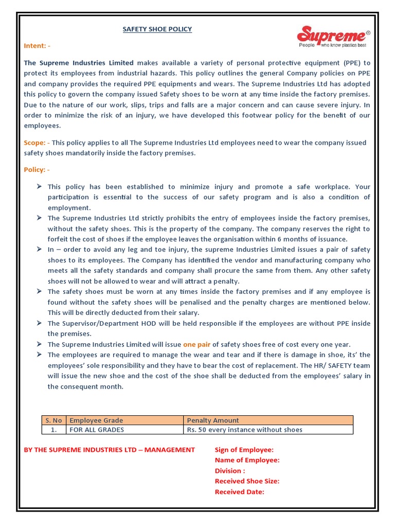 Intent: - : Safety Shoe Policy | PDF | Shoe | Personal Protective Equipment