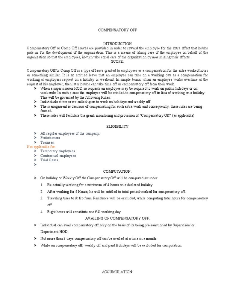 Compensatory Off Policy | PDF | Employment | Overtime