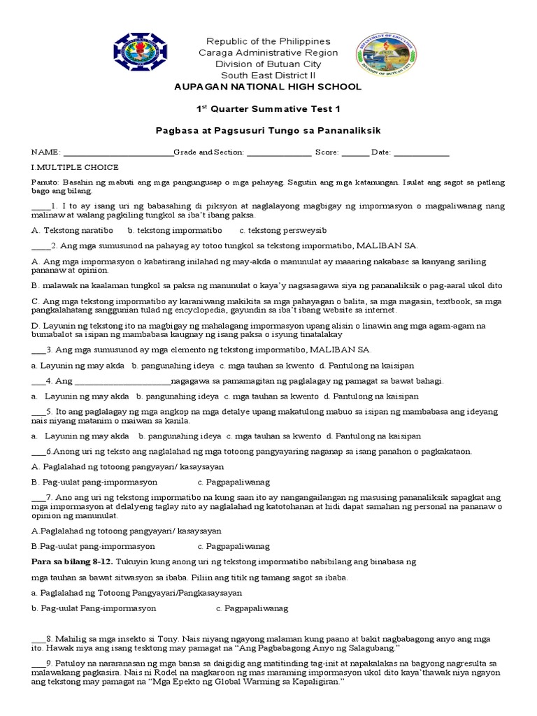 Pagbasa Summative | PDF