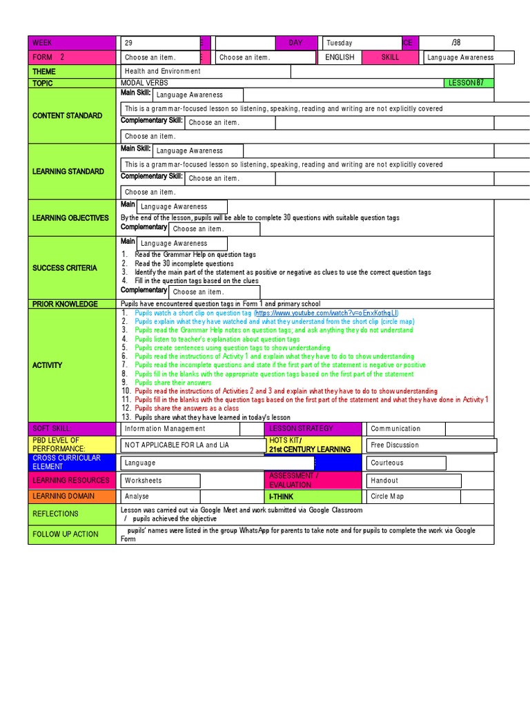 Form 2 Lesson 87 | PDF | Question | Subject (Grammar)