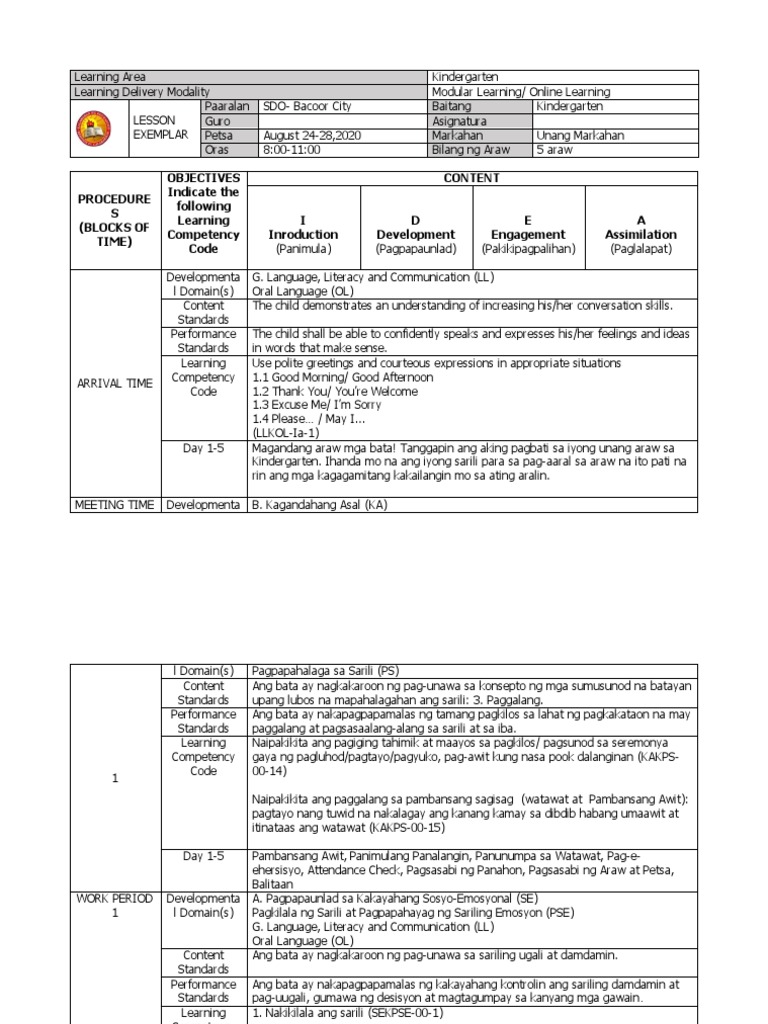 KINDERGARTEN Lesson Exemplar Template 1 | PDF