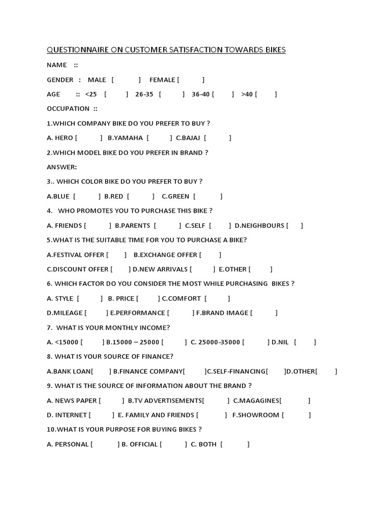 Questionnaire On Customer Satisfaction Towards Hero Bikes - Docs | PDF ...