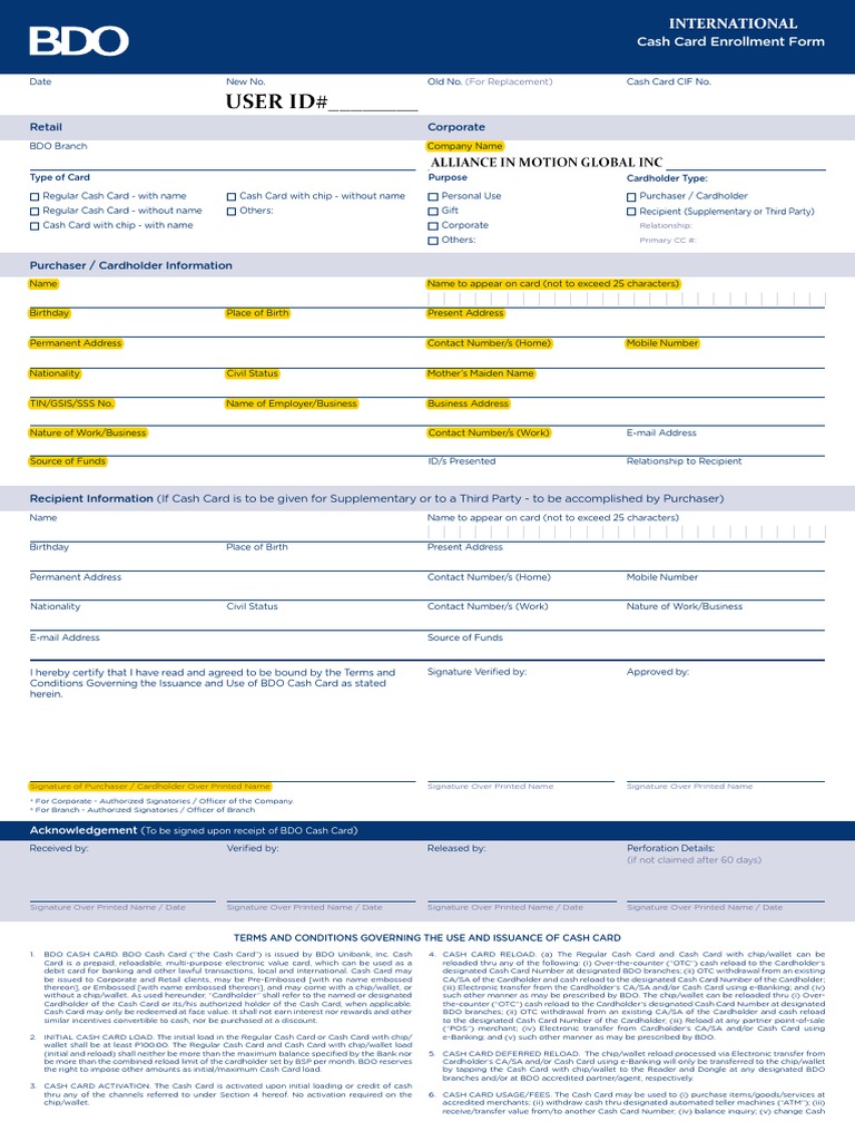 Bdo Form International | PDF | Automated Teller Machine | Personal ...