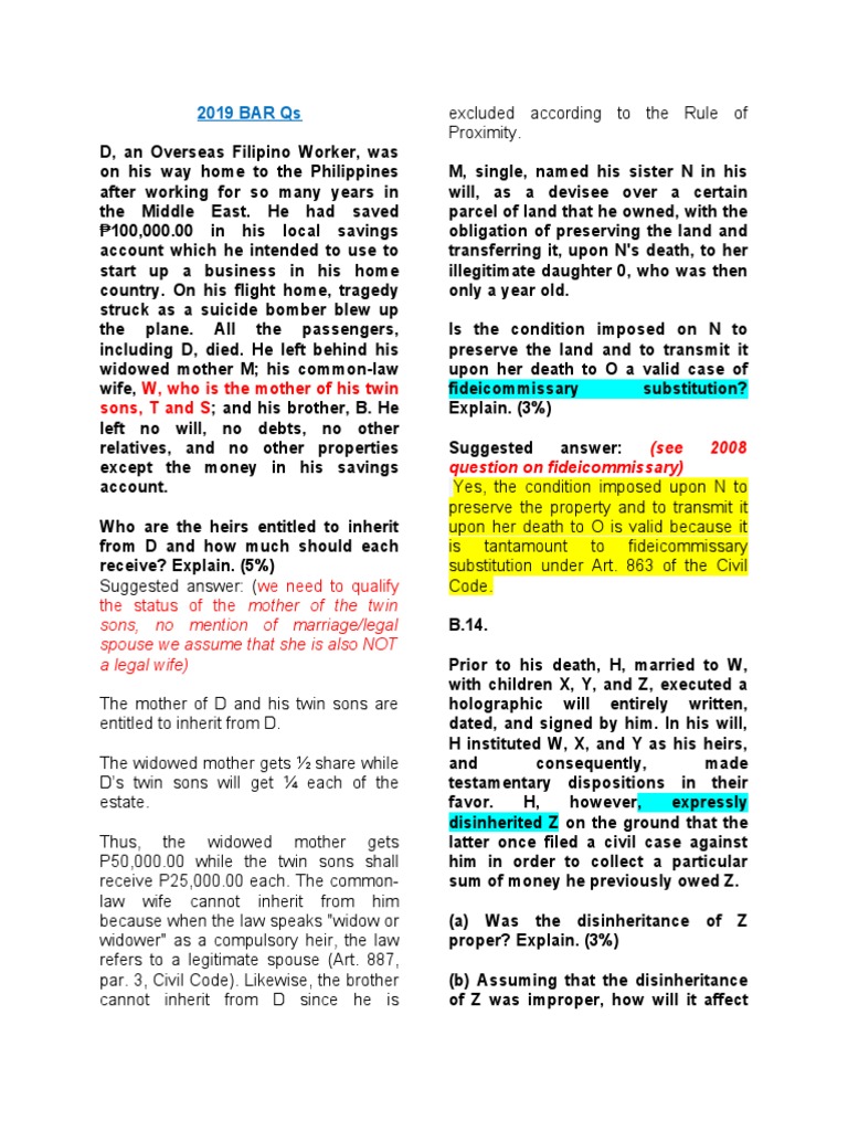Succession Bar Exam Questions With Answers | PDF | Will And Testament ...
