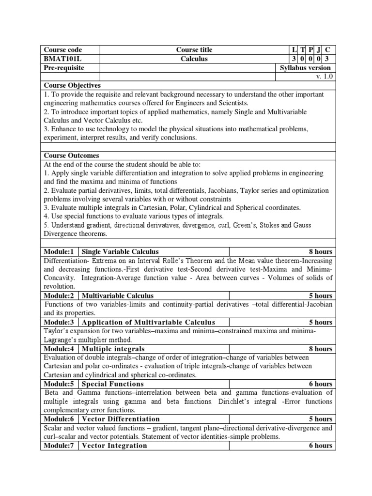 BMAT101L-Calculus Theory, Syllabus | PDF | Derivative | Integral