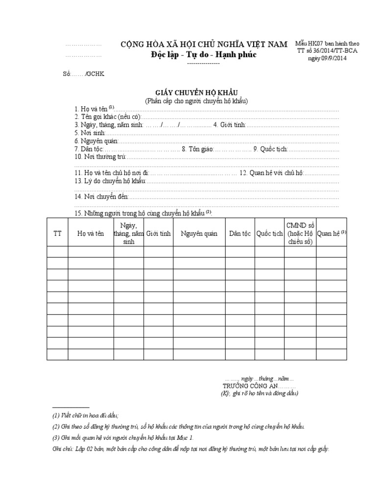 95-Mẫu HK07-Giấy chuyển hộ khẩu | PDF