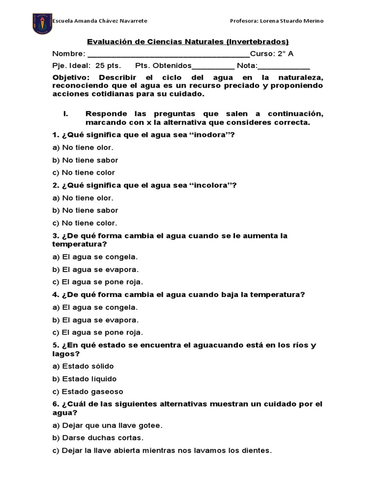 Evaluación del Ciclo del Agua 2° A | PDF | Agua | El ciclo del agua
