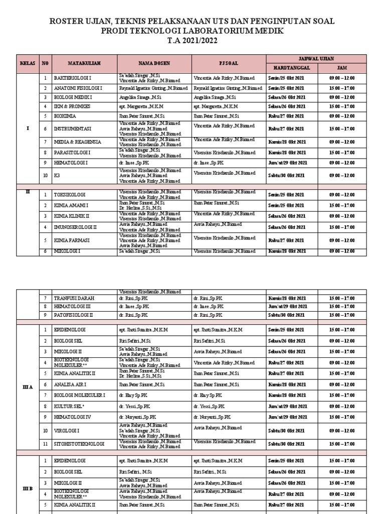 Roster Ujian Uts Ta 20212022 | PDF
