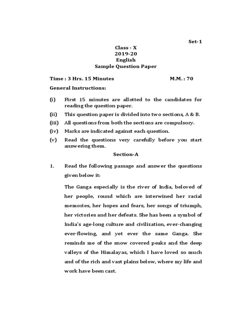 Up Board Class 10 English Model Paper 2020 - Set I | PDF