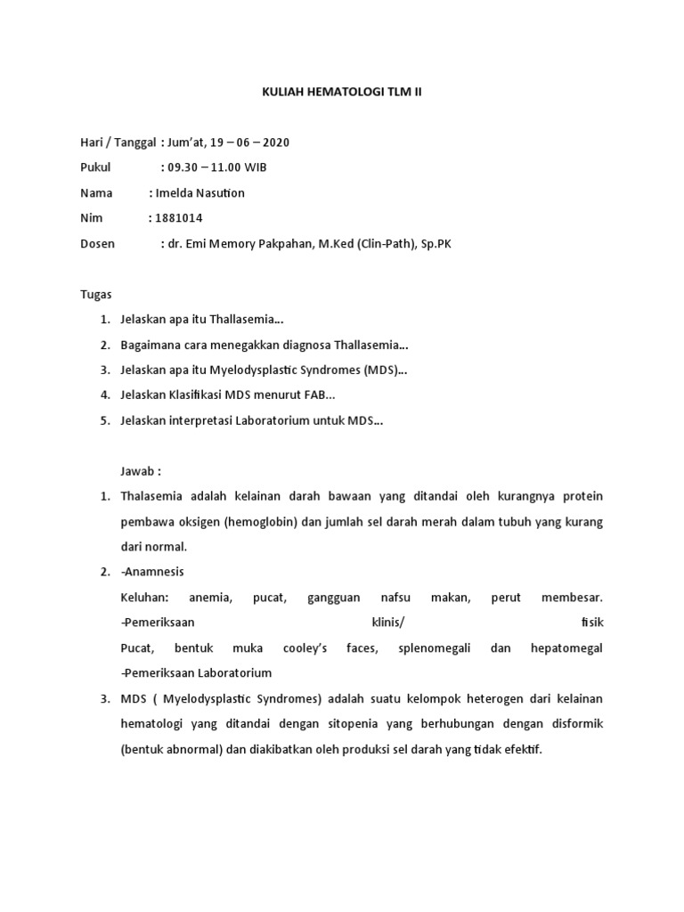 Hematologi TLM 2 (IMELDA NASUTION) | PDF