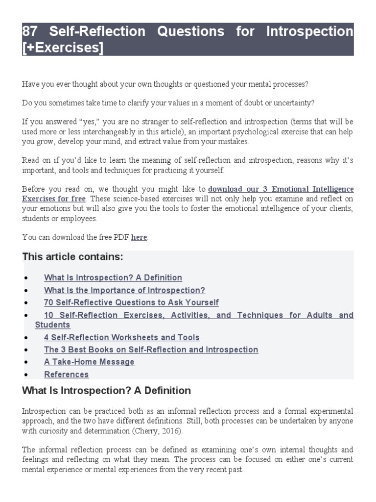 87 Self-Reflection Questions For Introspection (+exercises) | PDF ...