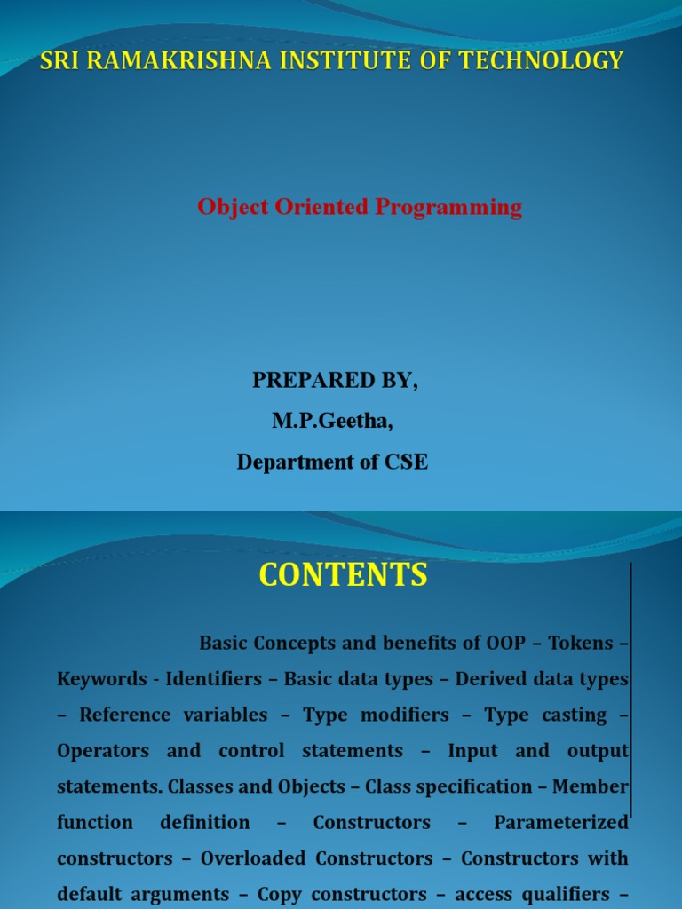 Object Oriented Programming: Prepared By, M.P.Geetha, Department of CSE | PDF | Object Oriented ...