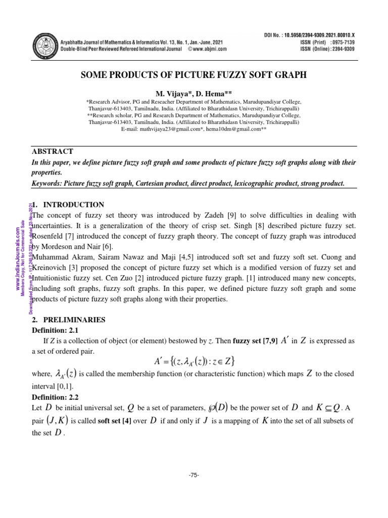 Some Products of Picture Fuzzy Soft Graph: M. Vijaya, D. Hema | PDF | Function (Mathematics) | Logic