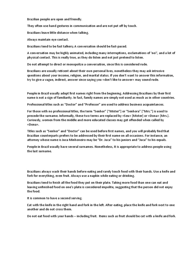 Brazilian Etiquette | PDF | Foods | Conversation