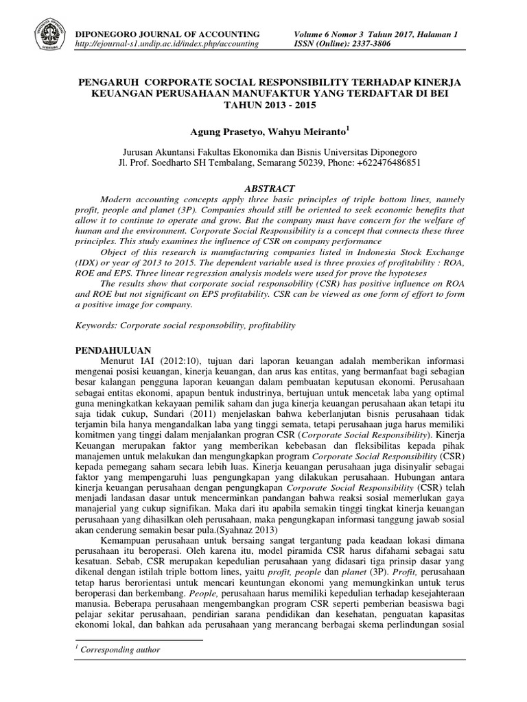 Pengaruh Corporate Social Responsibility (CSR) Terhadap Kinerja Keuangan Perusahaan Manufaktur ...