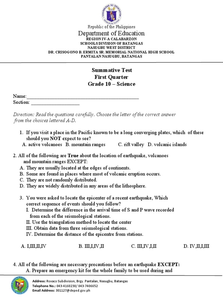 Grade 10 Science 1st Quarter Exam | PDF | Plate Tectonics | Earth