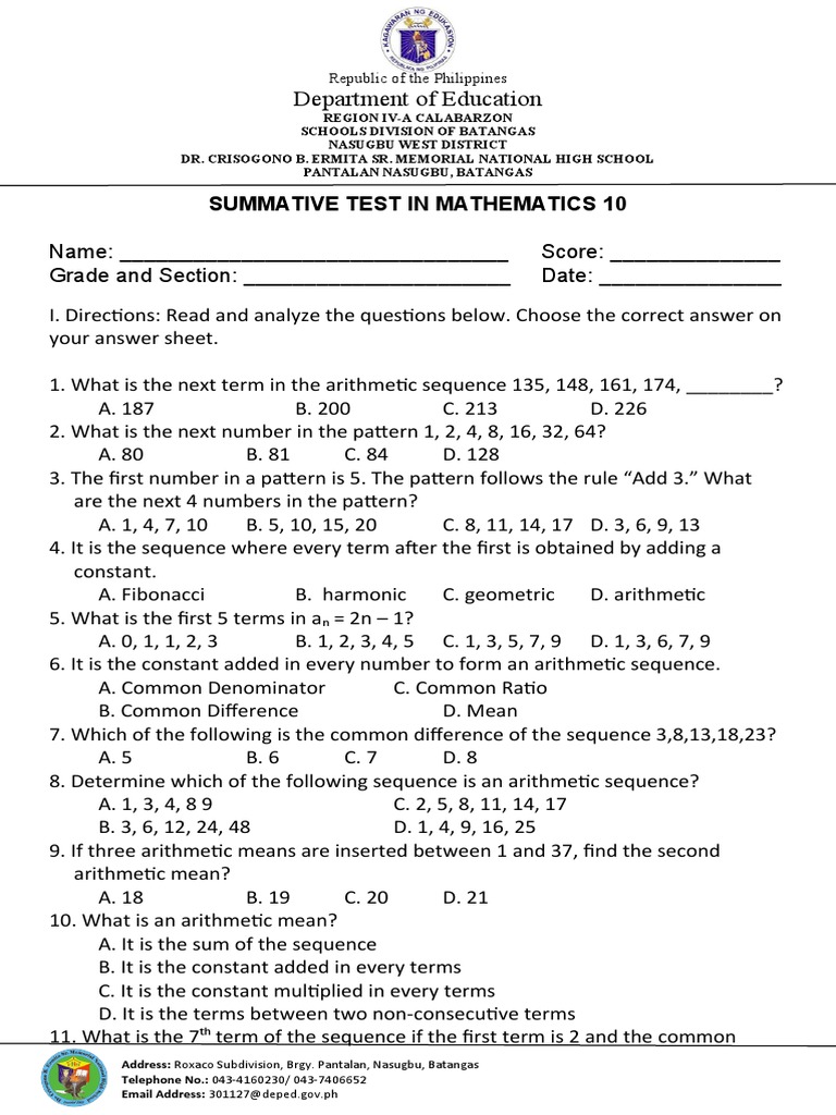 Math10 Summative Test First Quarter | PDF | Zero Of A Function ...