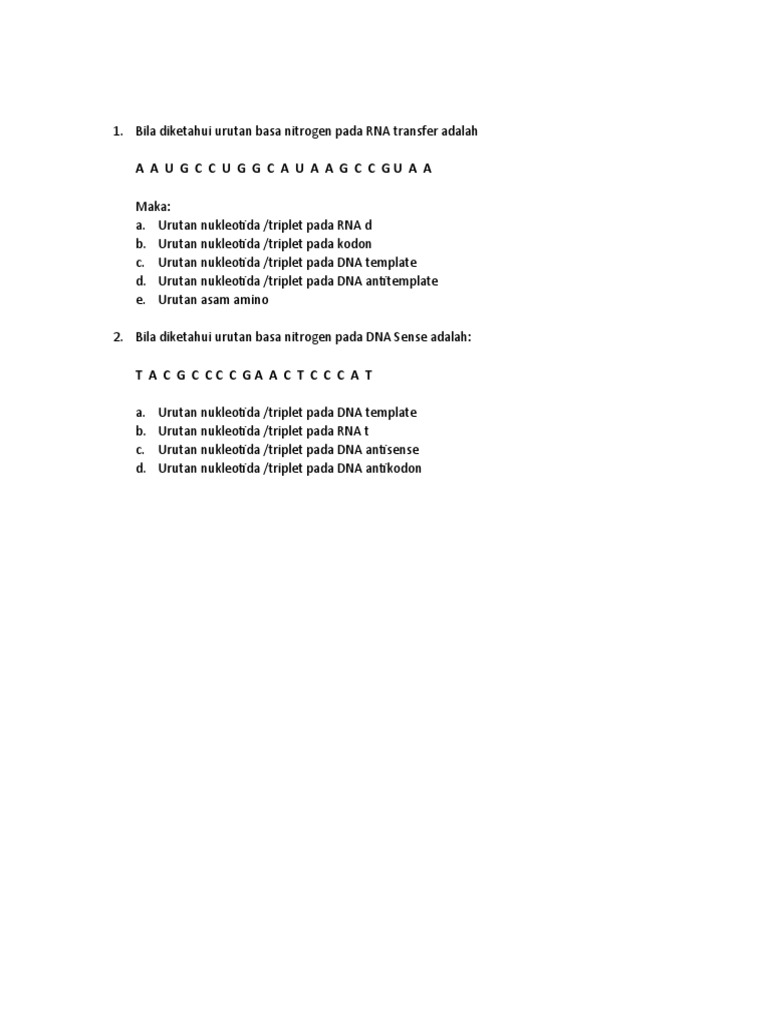 Bila Diketahui Urutan Basa Nitrogen Pada RNA Transfer Adalah | PDF