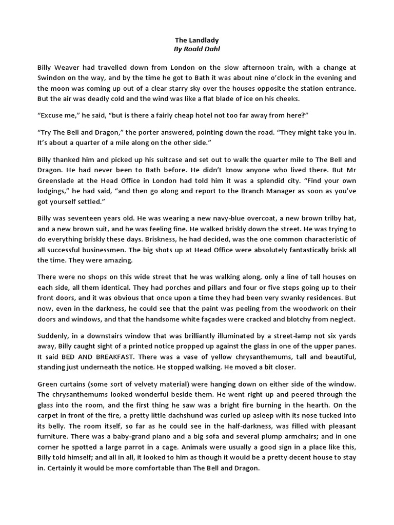 The Landlady by Roald Dahl: Full Text | PDF | Mystery, Thriller & Crime ...