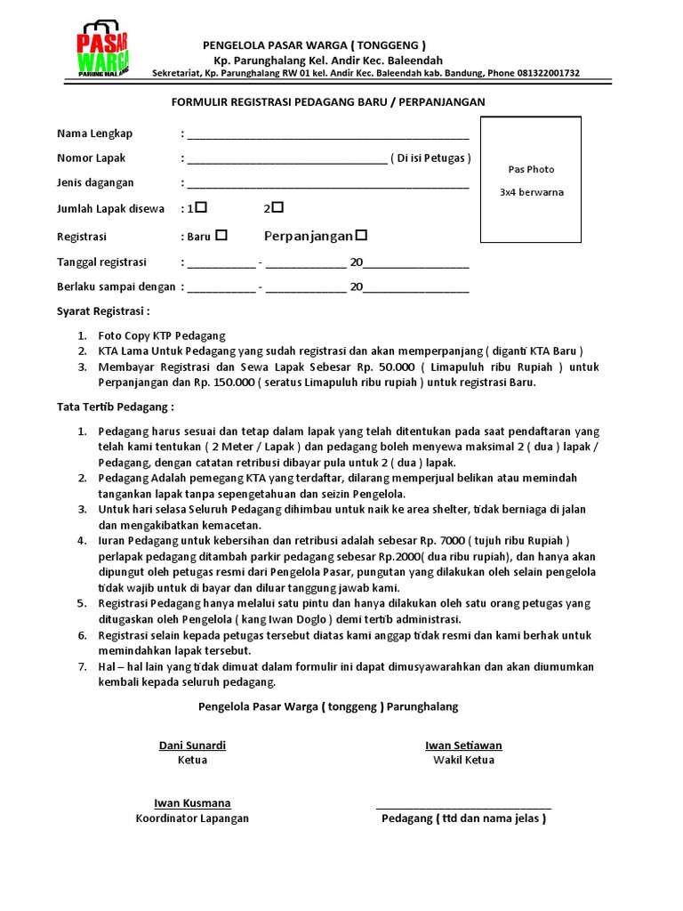 Formulir Registrasi Pedagang Baru | PDF