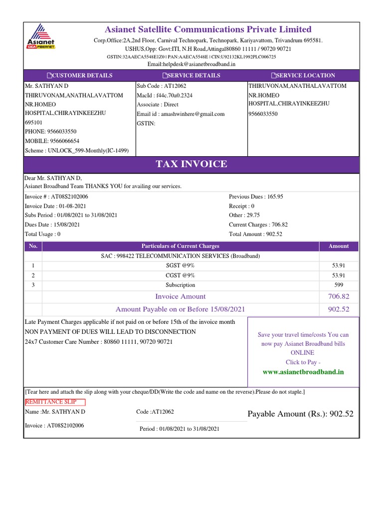 Asianet Satellite Communications Private Limited: Tax Invoice | PDF ...