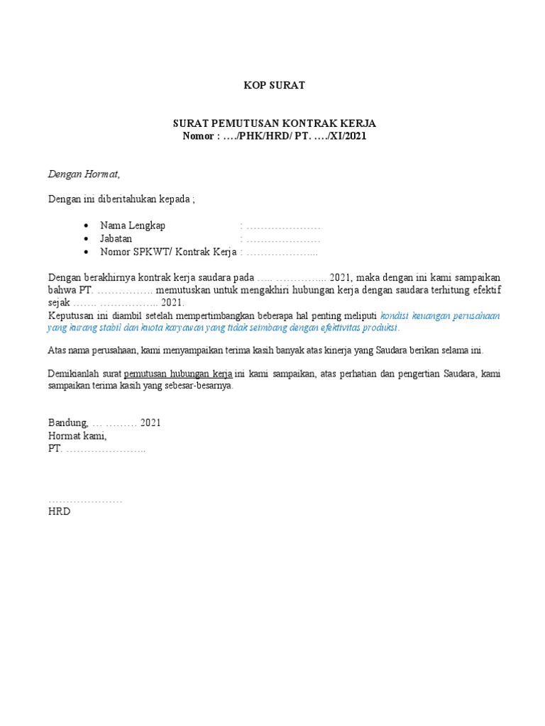 Draft Surat Pemutusan Kontrak Kerja | PDF